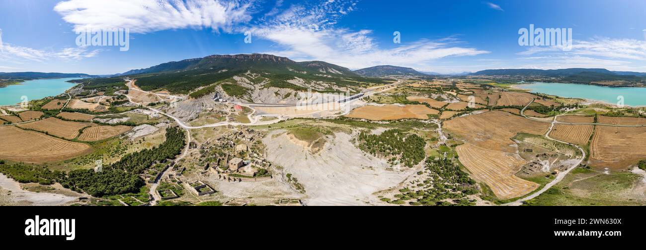Panorama 360 of ruins of village of Escó by Yesa reservoir in Spain ...