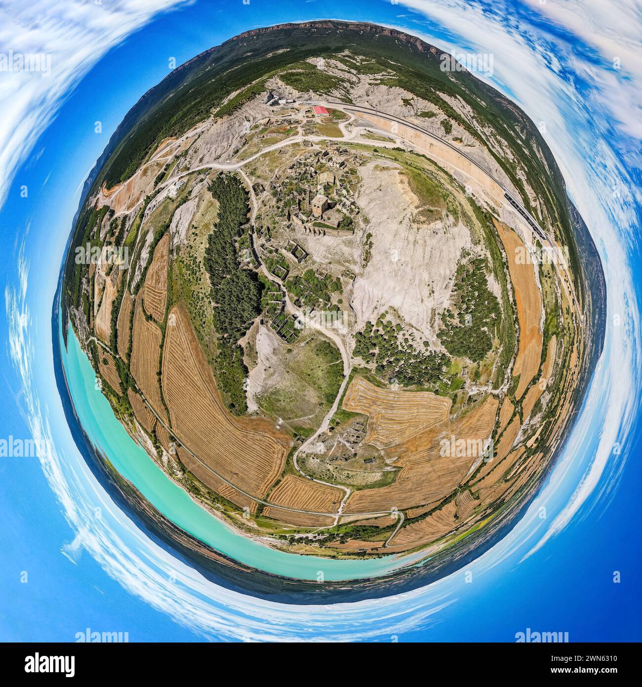 Panoramic planet 360 of ruins of village of Escó by Yesa reservoir in ...