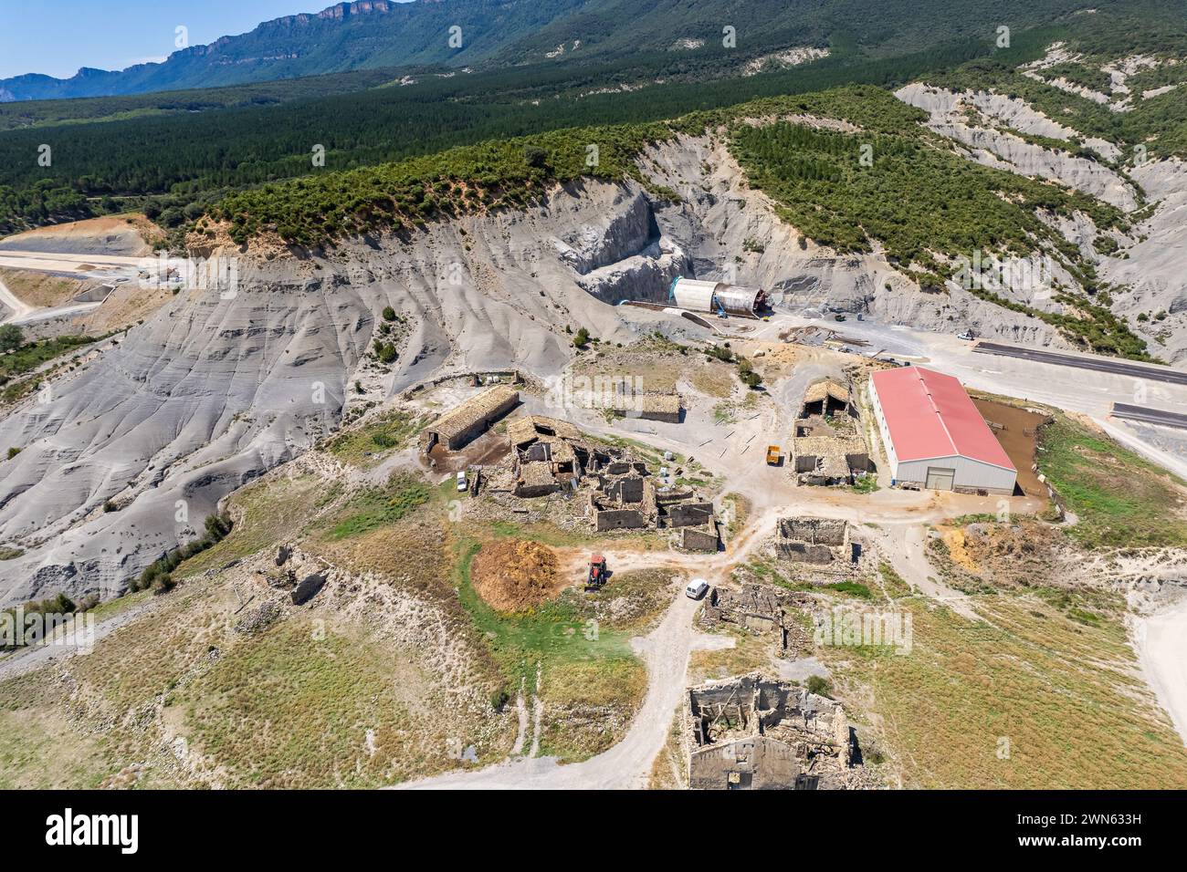 Aerial view of ruins of village of Escó by Yesa reservoir in Spain ...