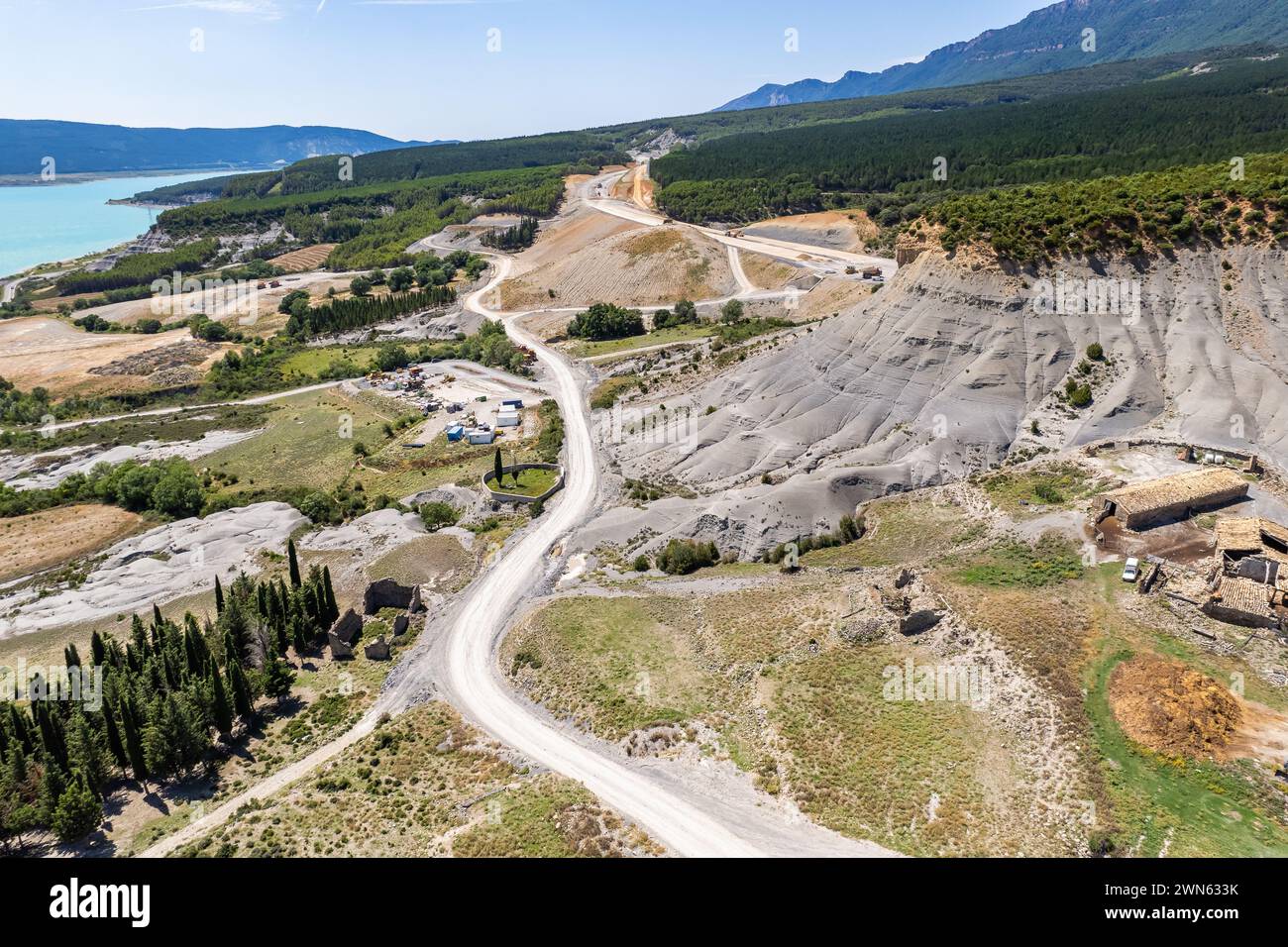 Aerial view of Yesa reservoir by abandoned village Esco in Spain ...