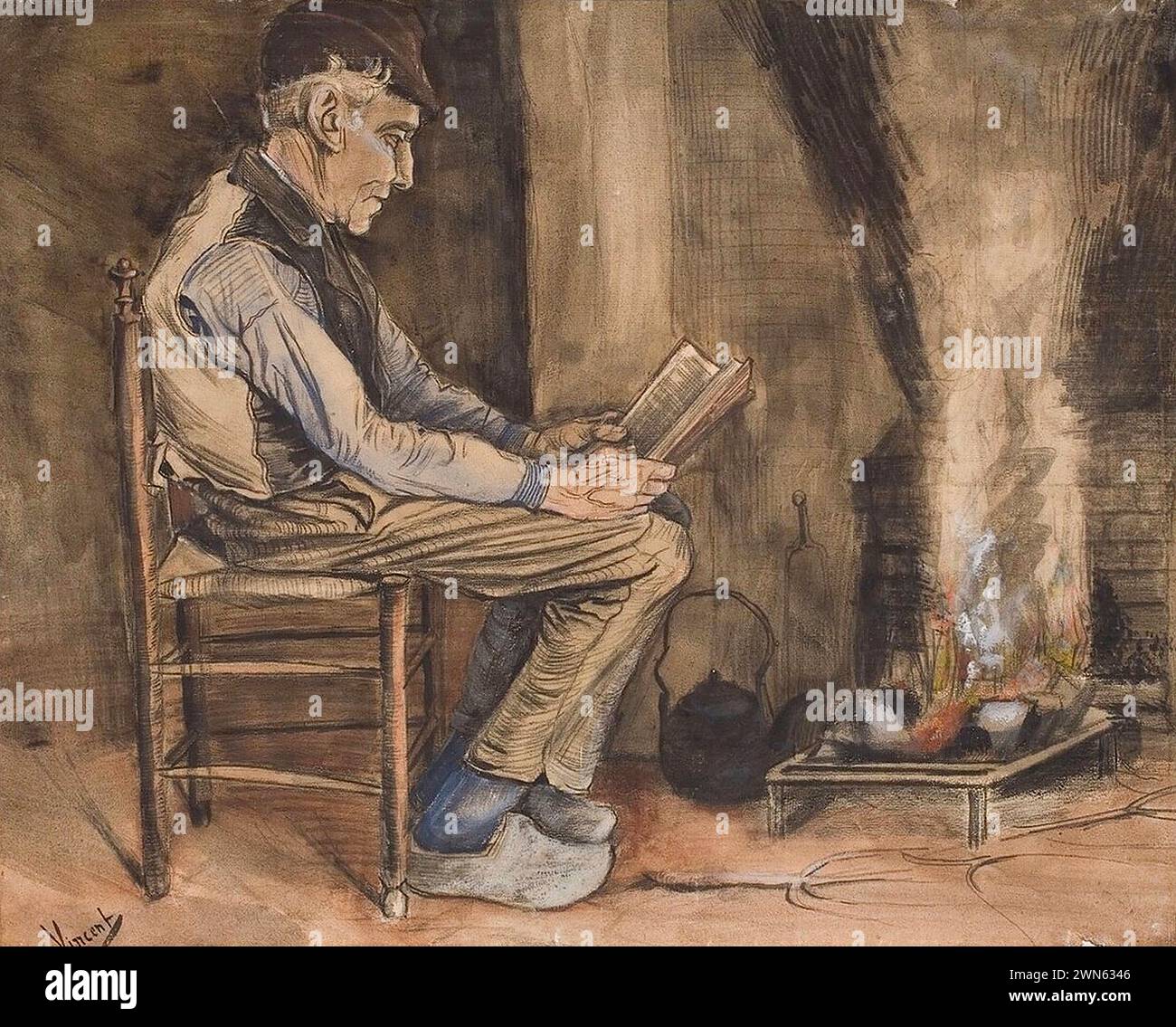 Van Gogh Vincent - Farmer Sitting at the Fireside, Reading (1881 Stock ...