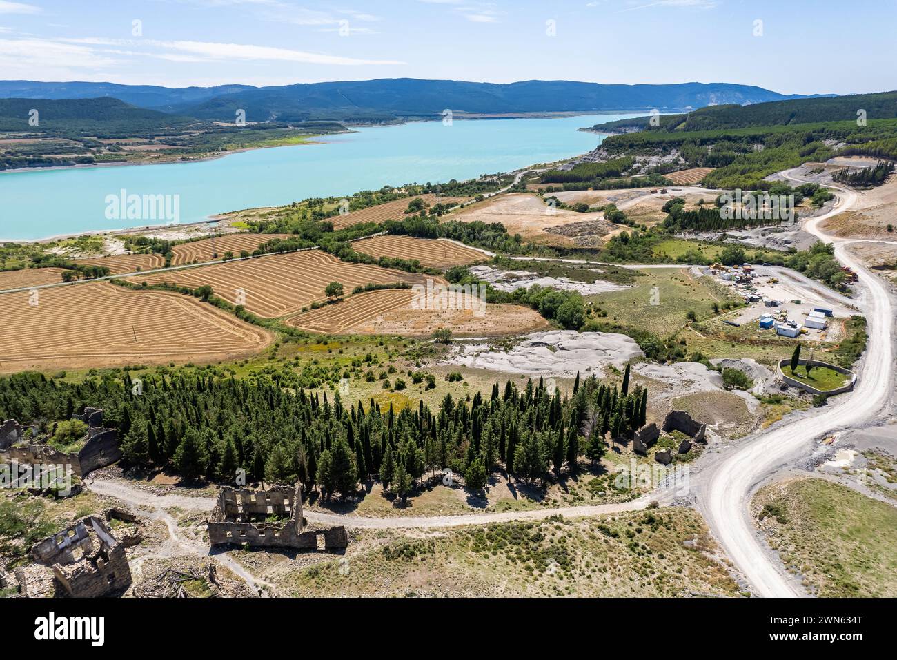 Aerial view of ruins of village of Escó by Yesa reservoir in Spain ...