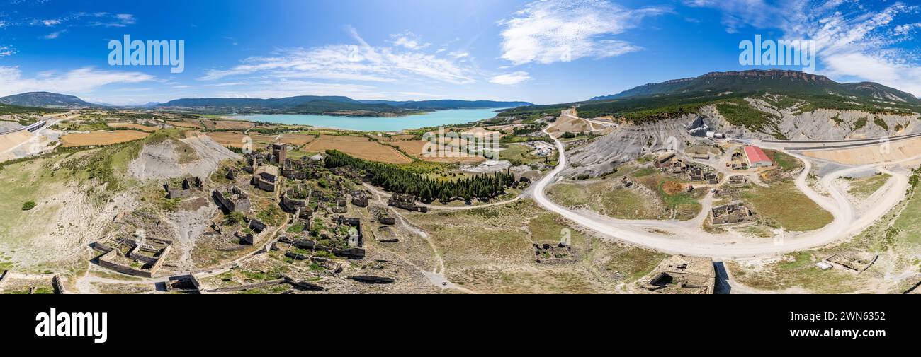 Panorama 360 of ruins of village of Escó by Yesa reservoir in Spain ...