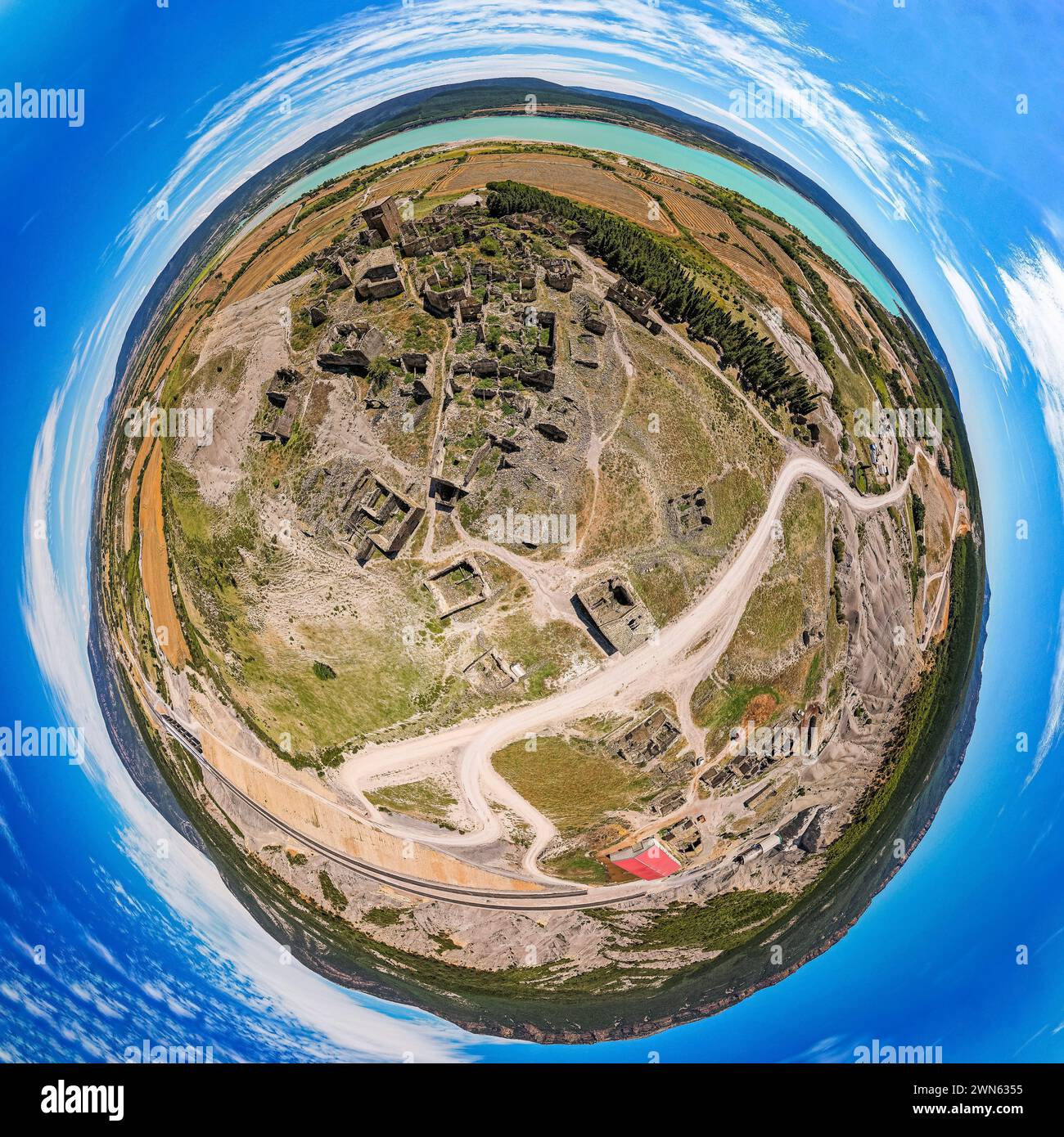 Panoramic planet 360 of ruins of village of Escó by Yesa reservoir in Spain, Summer 2023 Stock ...