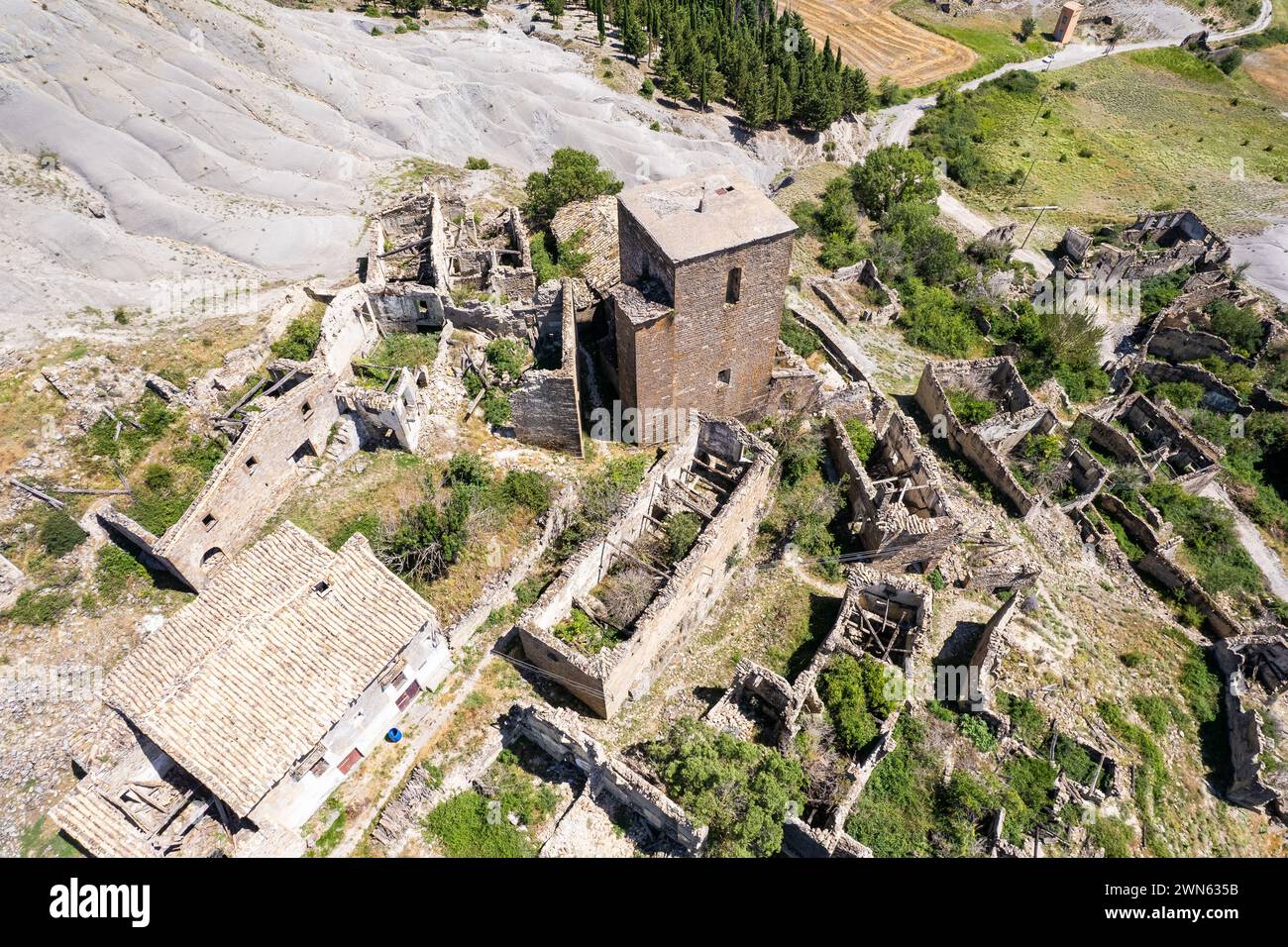 Aerial view of ruins of village of Escó by Yesa reservoir in Spain ...