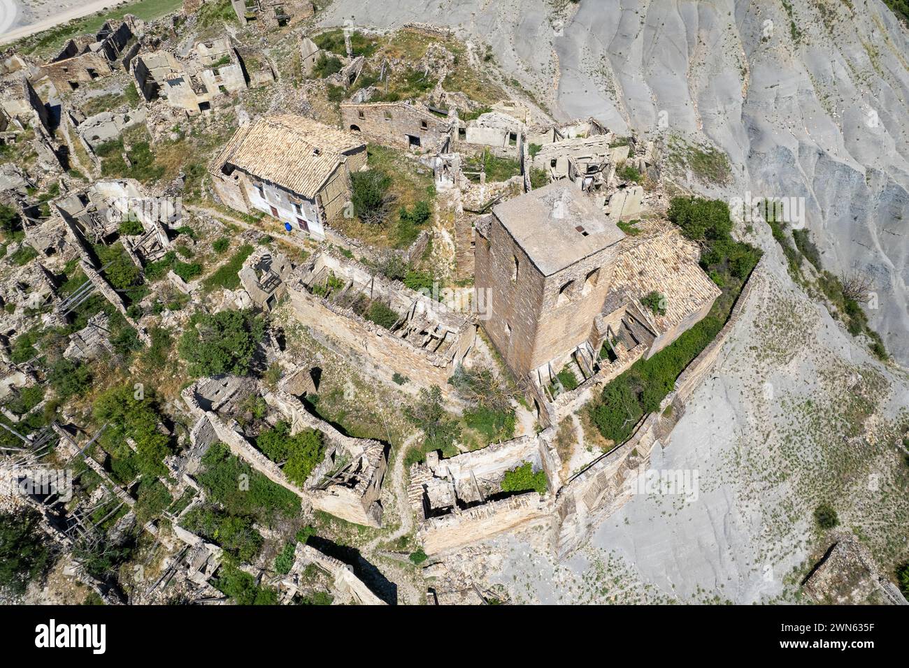 Aerial view of ruins of village of Escó by Yesa reservoir in Spain ...