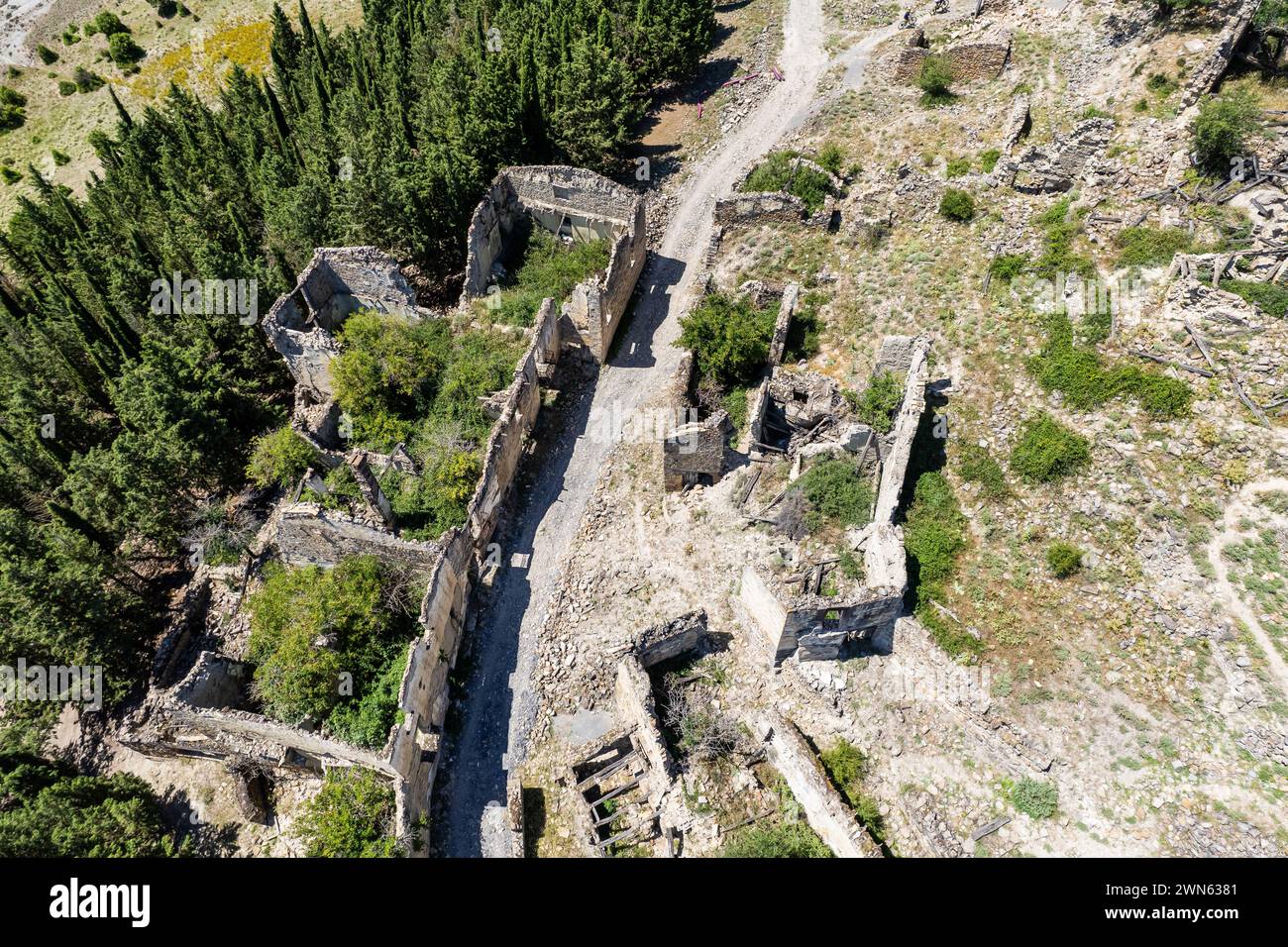 Aerial view of ruins of village of Escó by Yesa reservoir in Spain ...