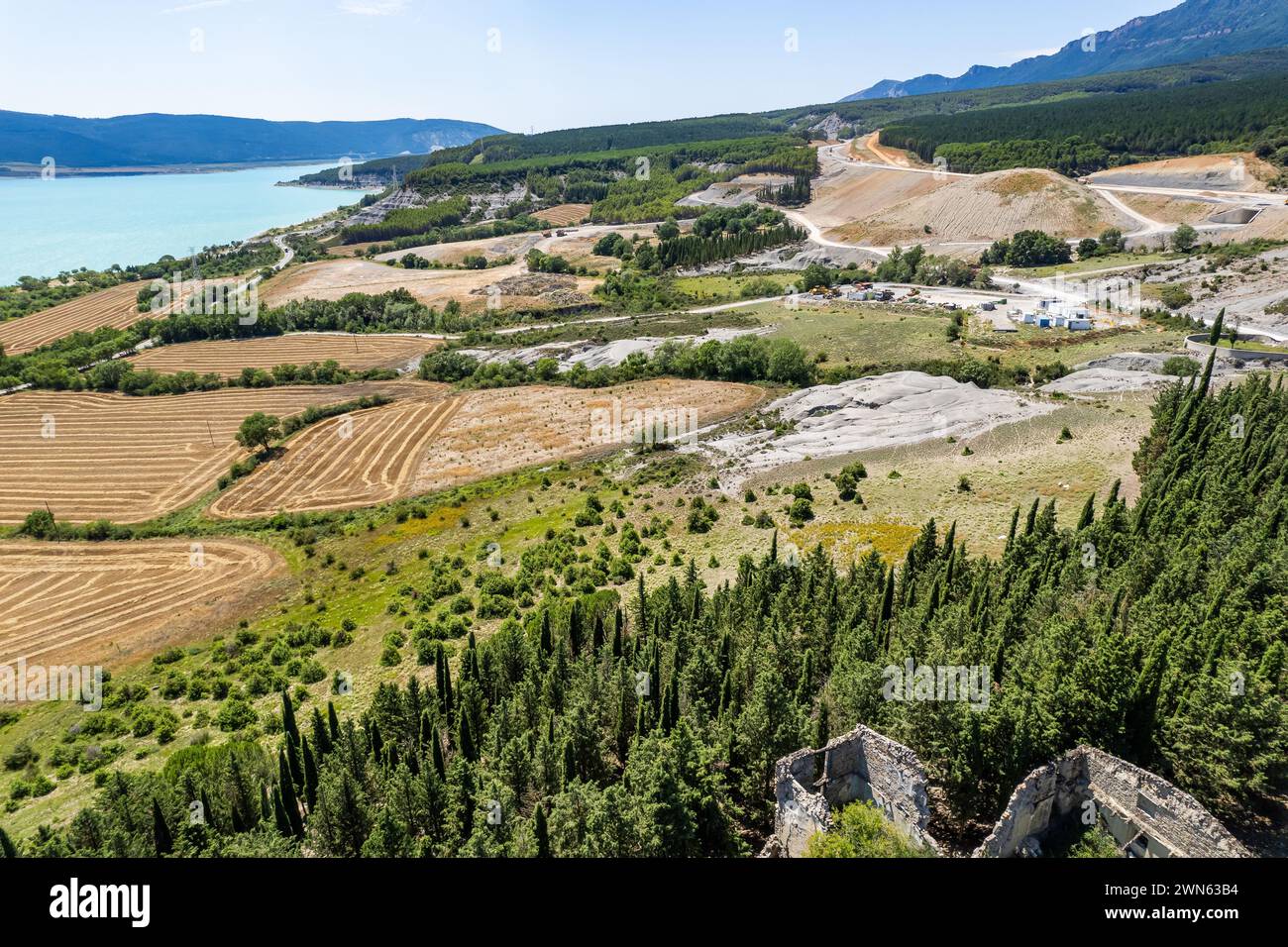 Aerial view of Yesa reservoir by abandoned village Esco in Spain ...