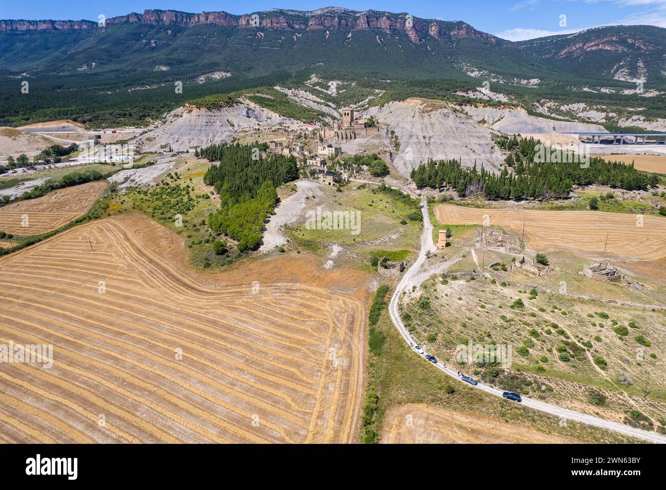 Aerial view of ruins of village of Escó by Yesa reservoir in Spain ...