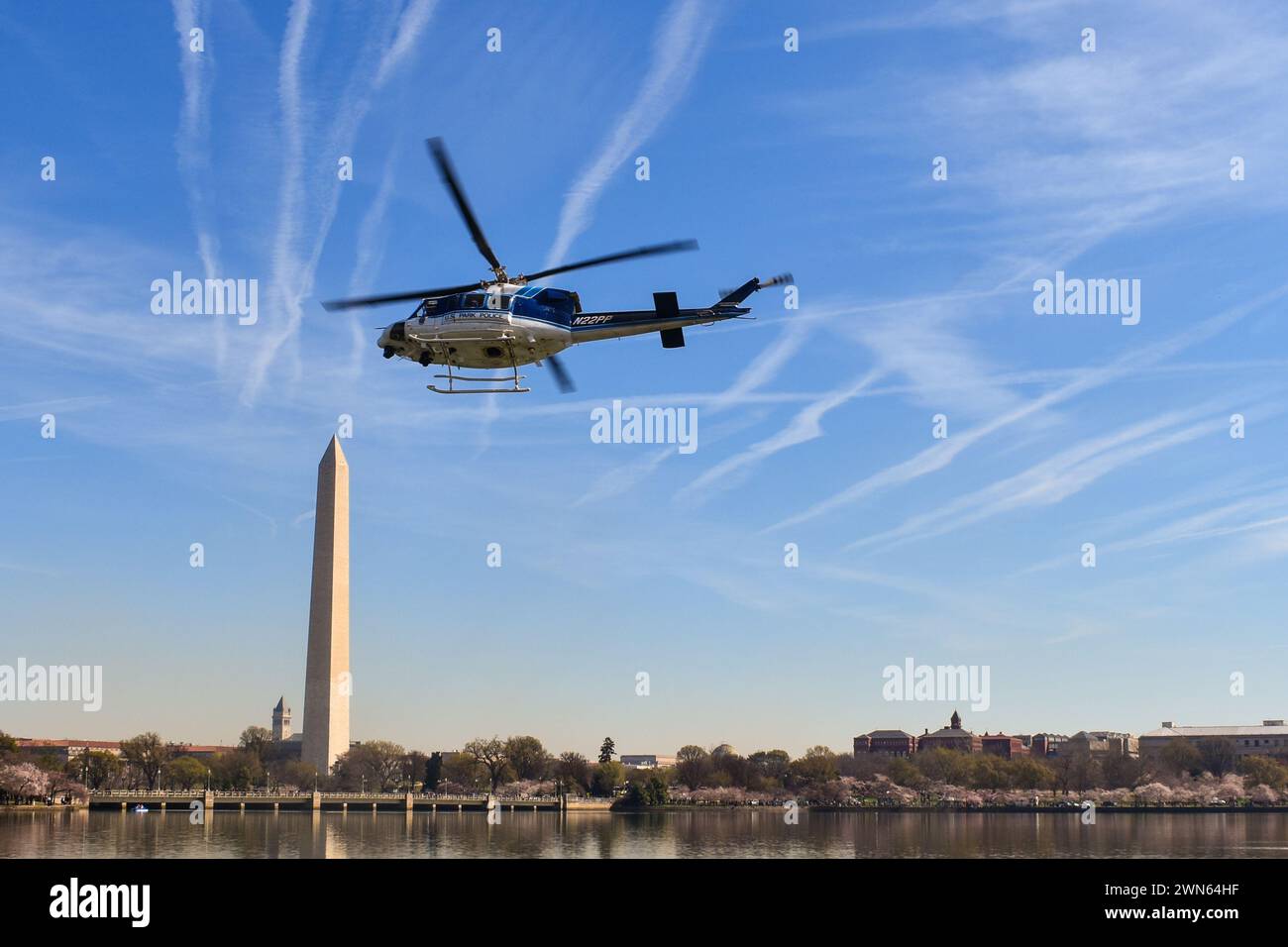 U.S. Park Police helicopter over the Tidal Basin and Washington ...
