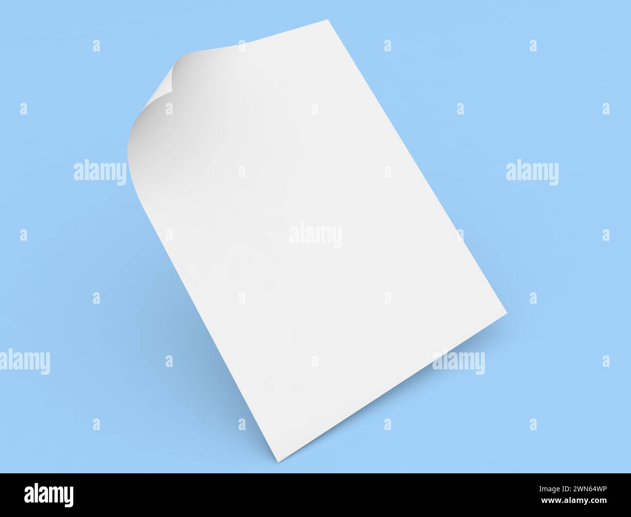Sheet of A4 paper with curved edge on a blue background. 3d render ...