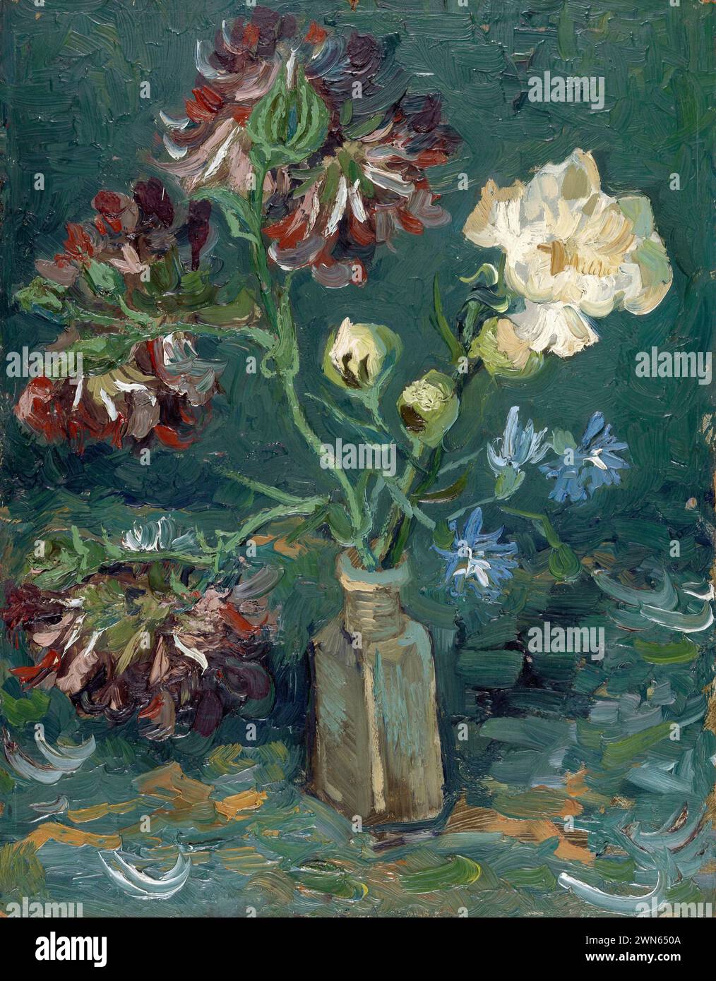 Bottle peonies blue delphiniums hi-res stock photography and images - Alamy