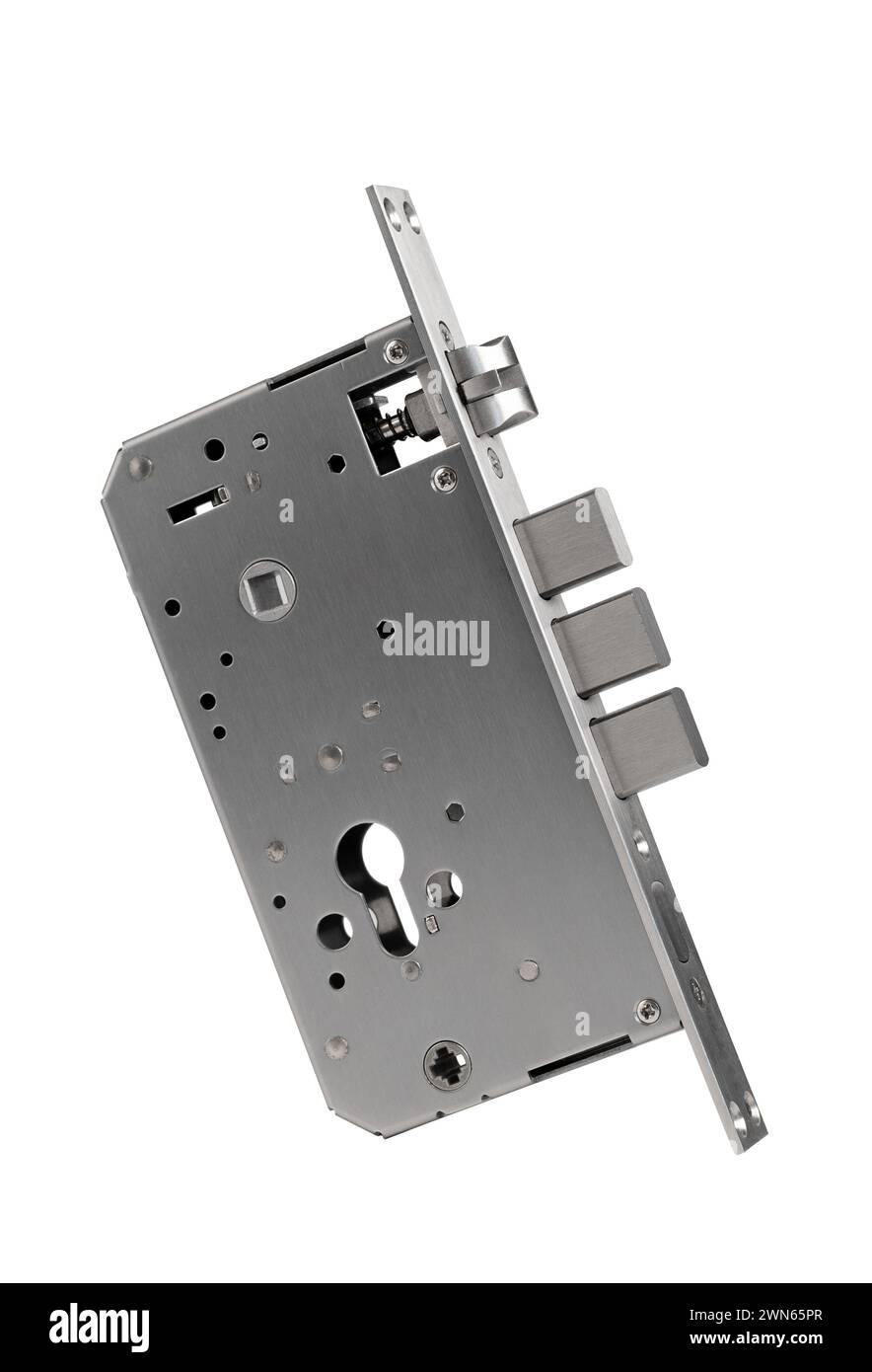 Metallic front door lock with three bolts, latch and strike plate on ...