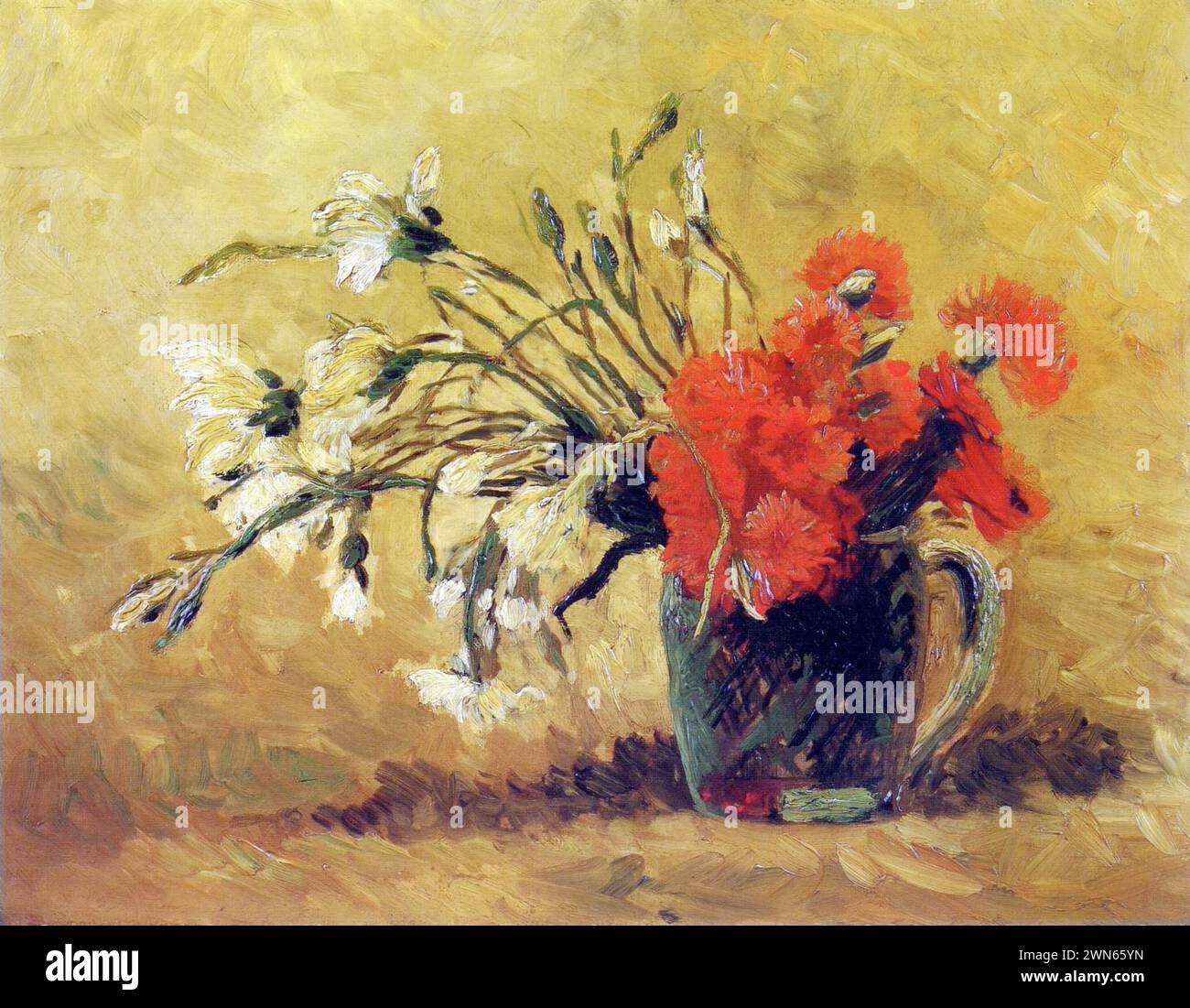 Van Gogh Vincent - Vase with red and white carnation on a yellow ...