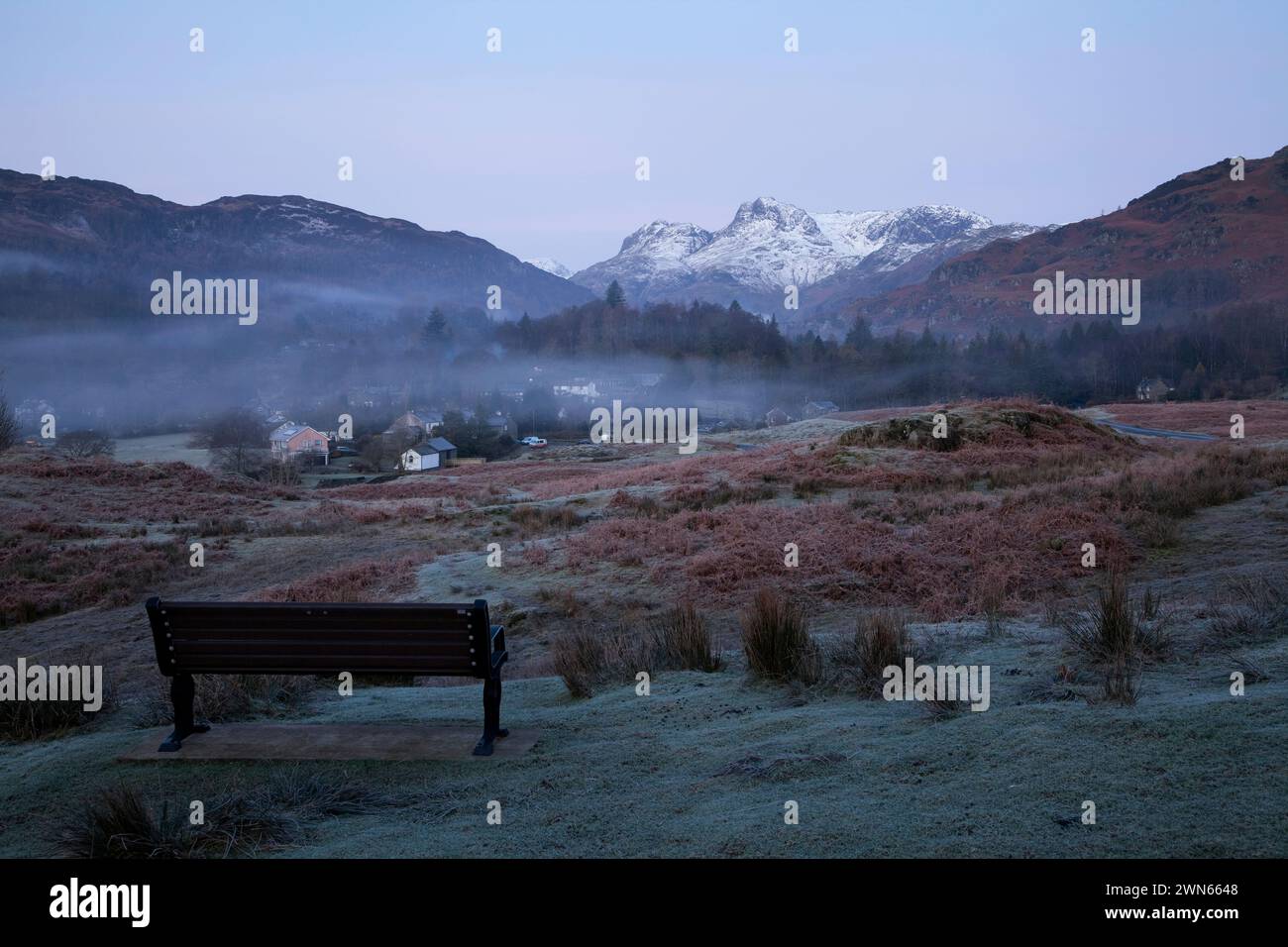 Dawn view of Elterwater village and Langdale Pikes from Elterwater ...