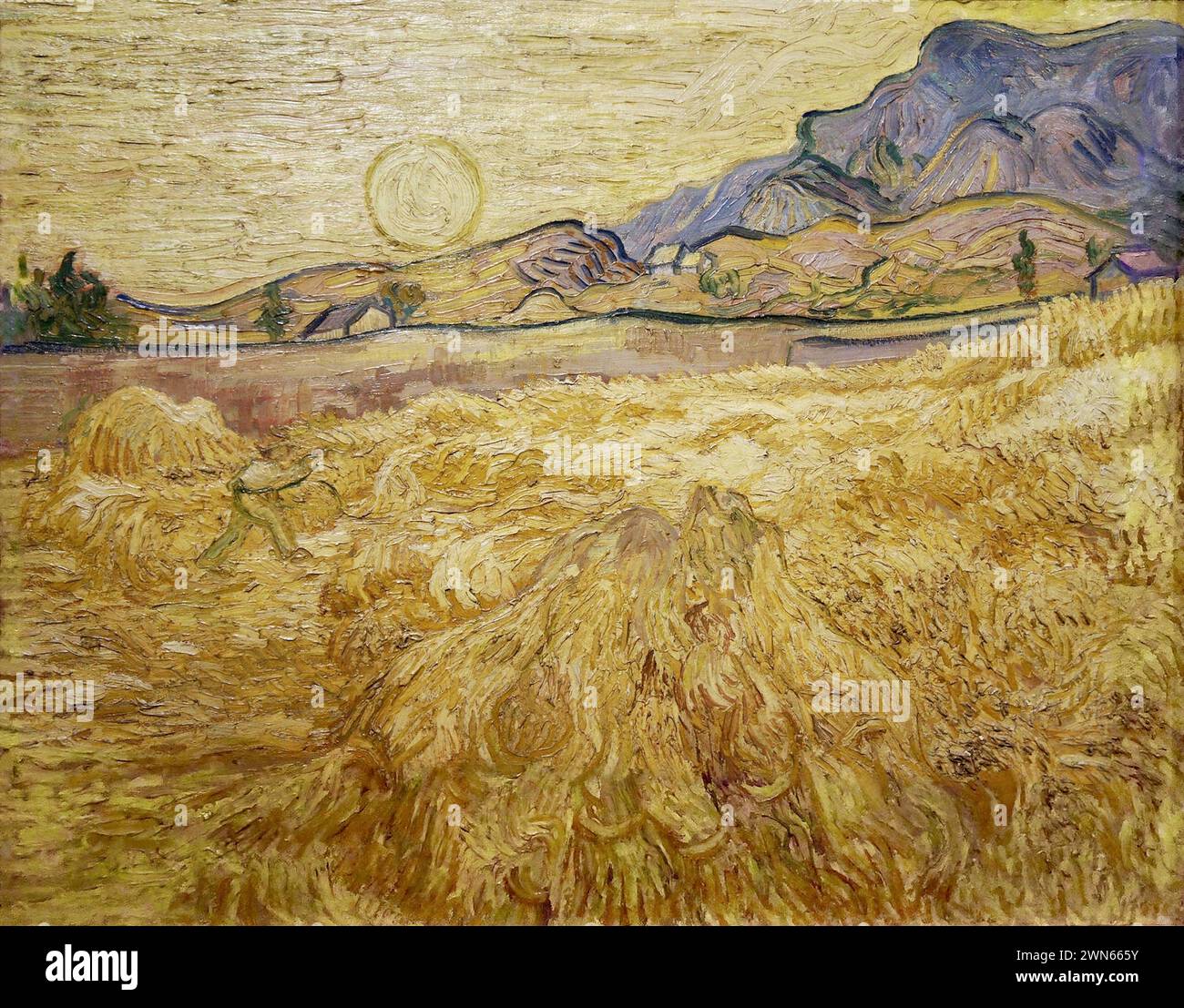 Van Gogh Vincent - Wheat field with reaper and sun (1889 Stock Photo ...