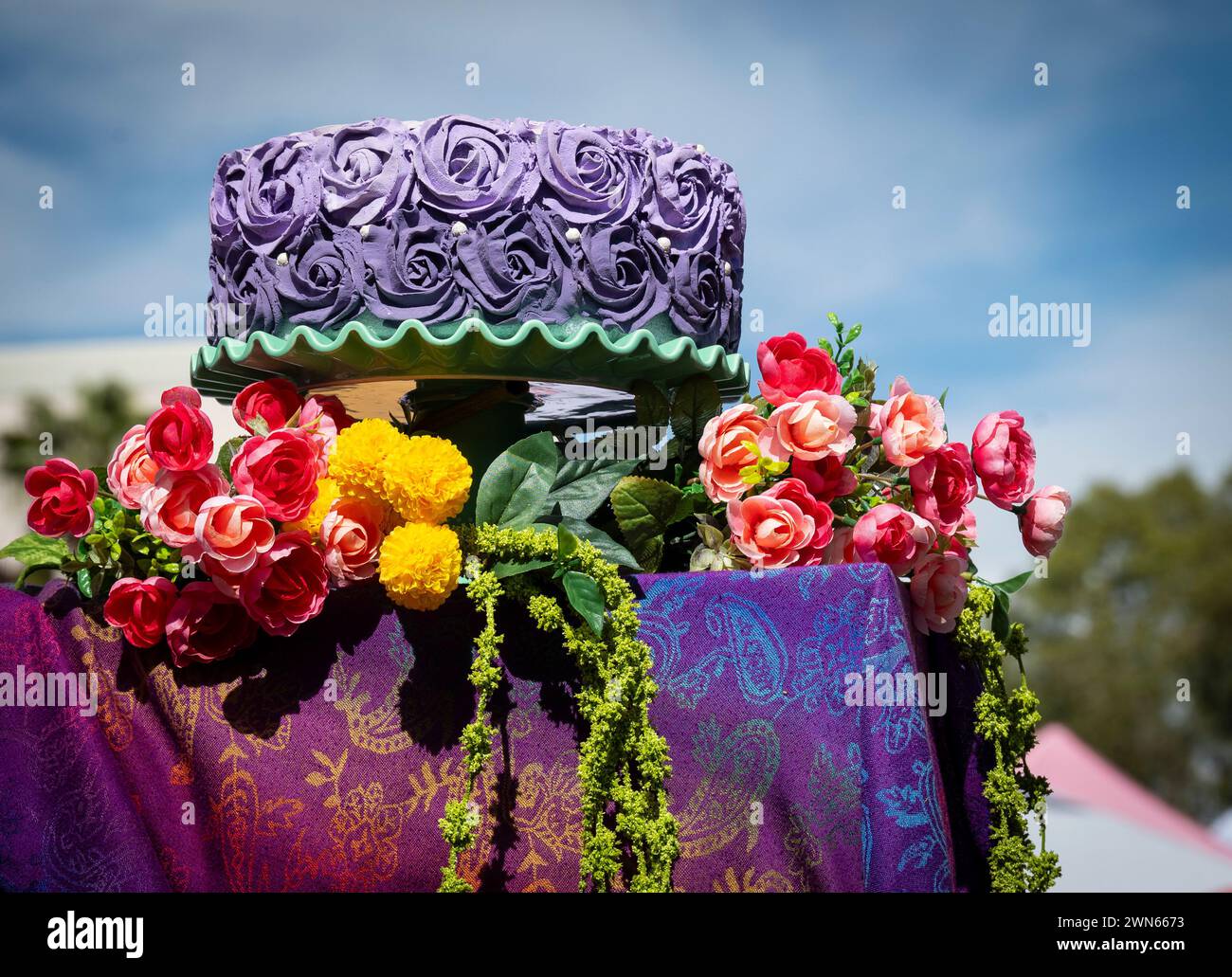An outdoor display of a fancily designed purple fade frosting on cake ...