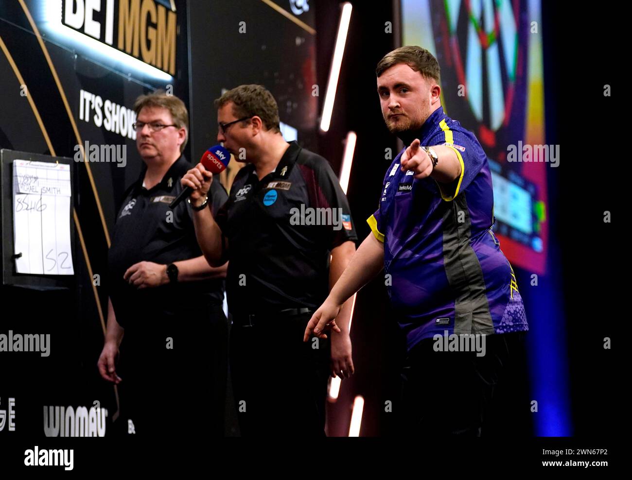 Luke Littler celebrates during his match against Michael Smith (not ...