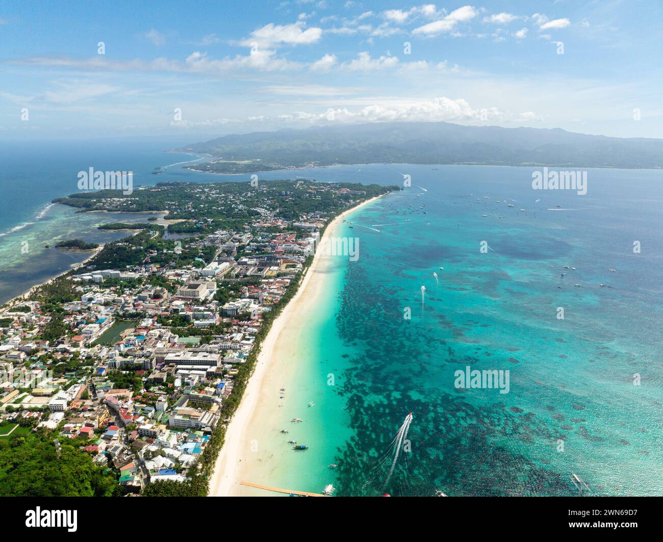 Clear water and White Sand Beach in Boracay Island under blue sky and ...