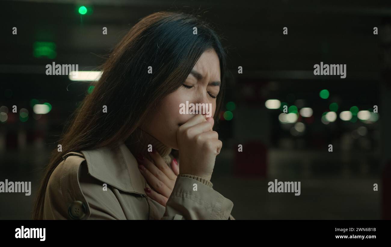 Unhealthy sick Asian woman coughing flu symptom allergy chinese ...