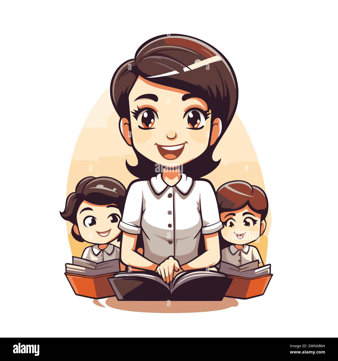 Happy teacher reading a book with her students. Vector cartoon ...