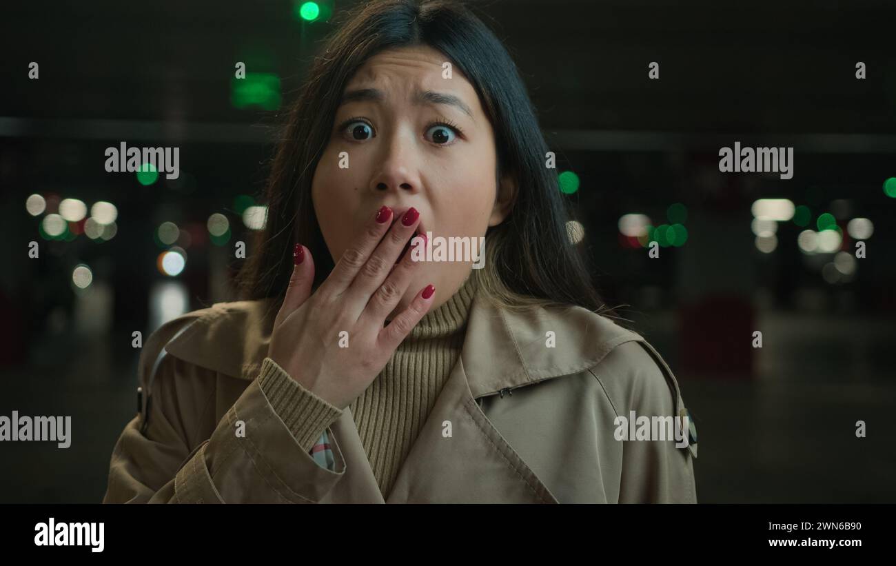 Afraid girl Asian chinese japanese woman shocked bad news frightened ...