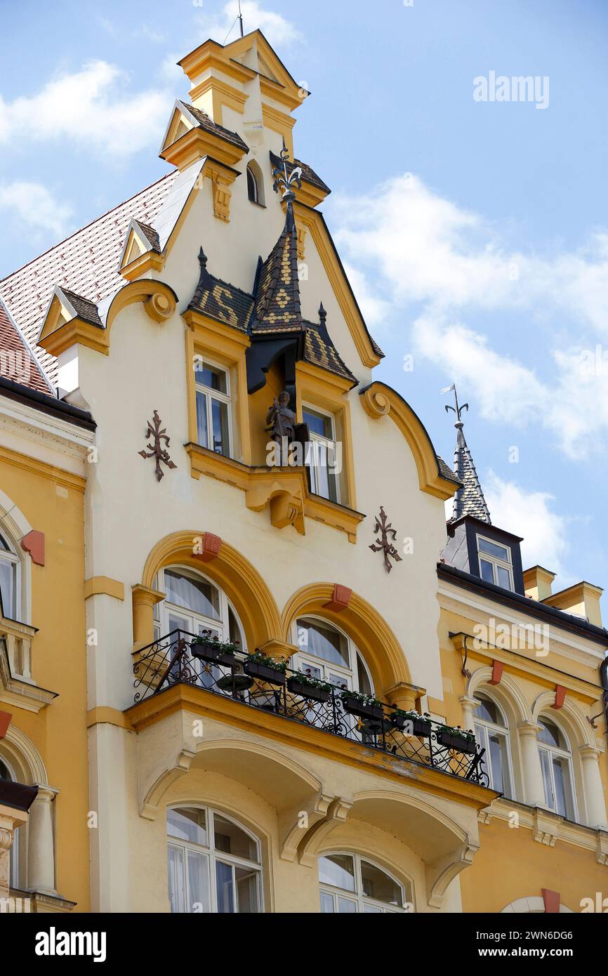 Facade of traditional buildings in Karlovy Vary, spa town situated in ...