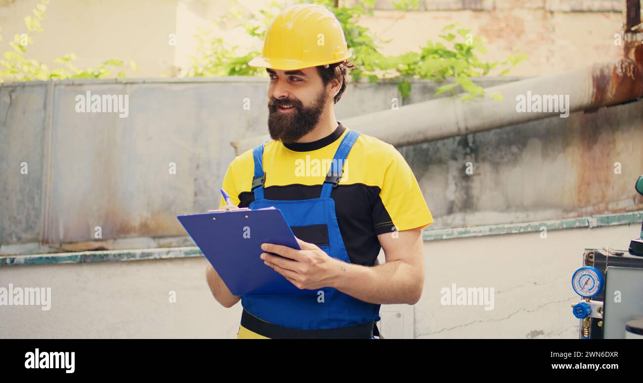 Knowleadgeable engineer doing inspection of freon levels and necessary ... Knowleadgeable engineer doing inspection of freon levels and necessary ...