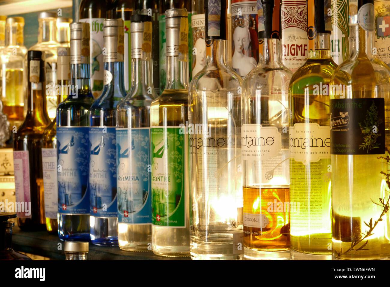 Prague, Czech Republic - June 02, 2017 - colorful bottles of absinthe ...
