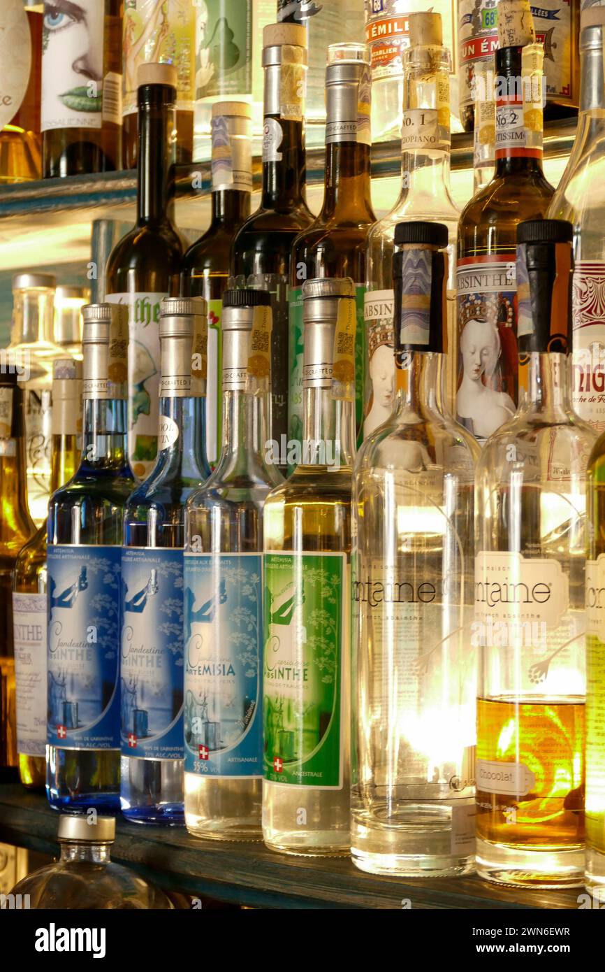 Prague, Czech Republic - June 02, 2017 - colorful bottles of absinthe ...