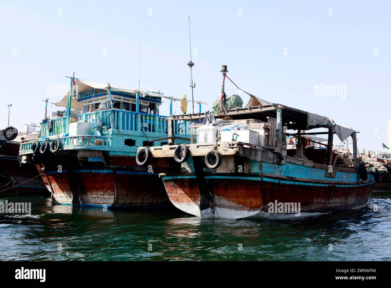 Traditional arabic wooden dhow at Dubai Creek. United Arab Emirates ...