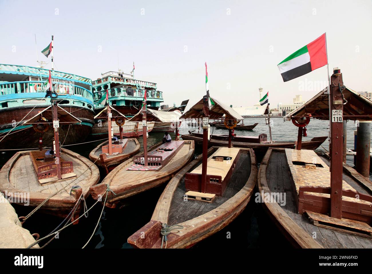Traditional Abra ferries at the creek in Dubai, United Arab Emirates ...