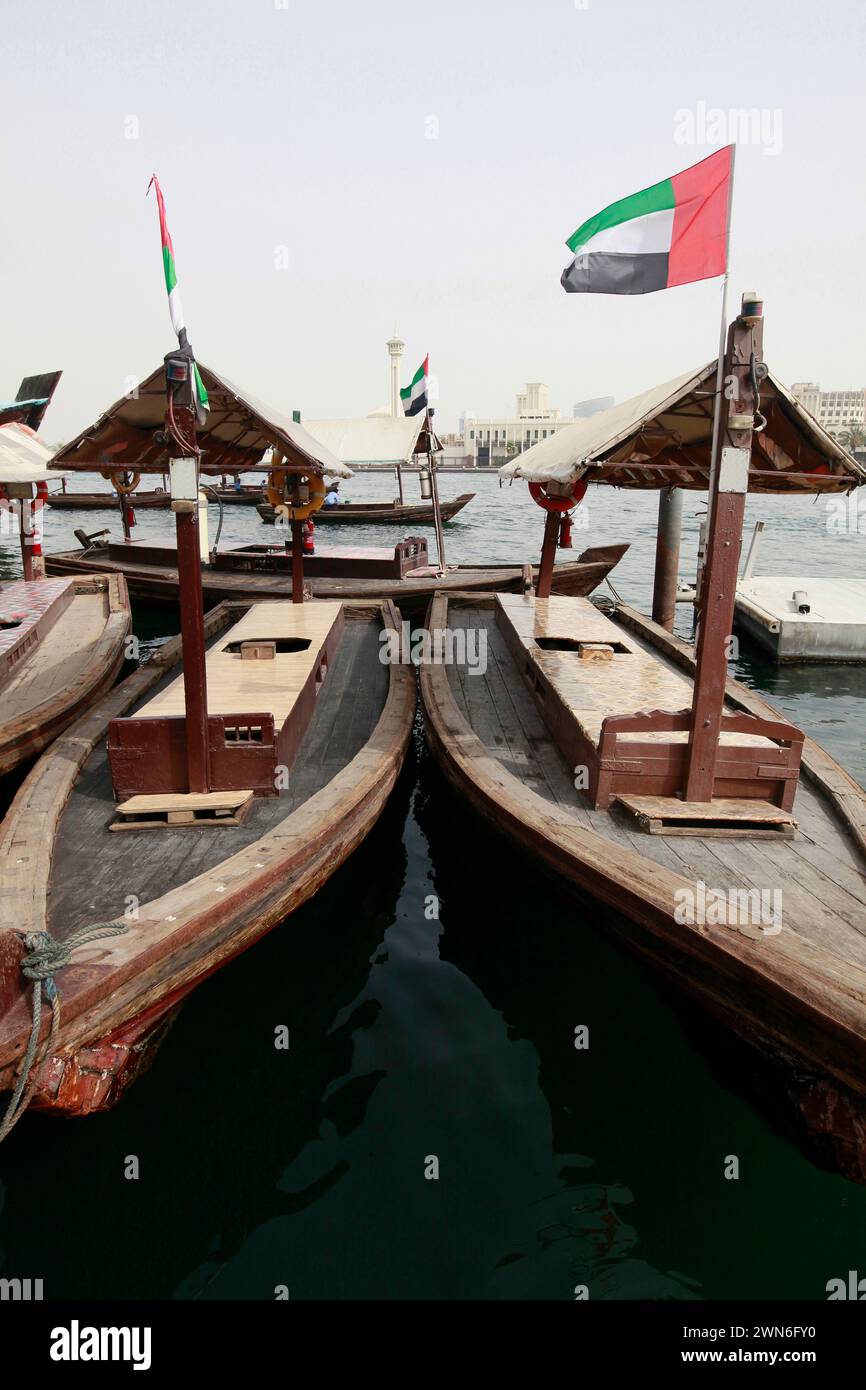 Traditional Abra ferries at the creek in Dubai, United Arab Emirates ...