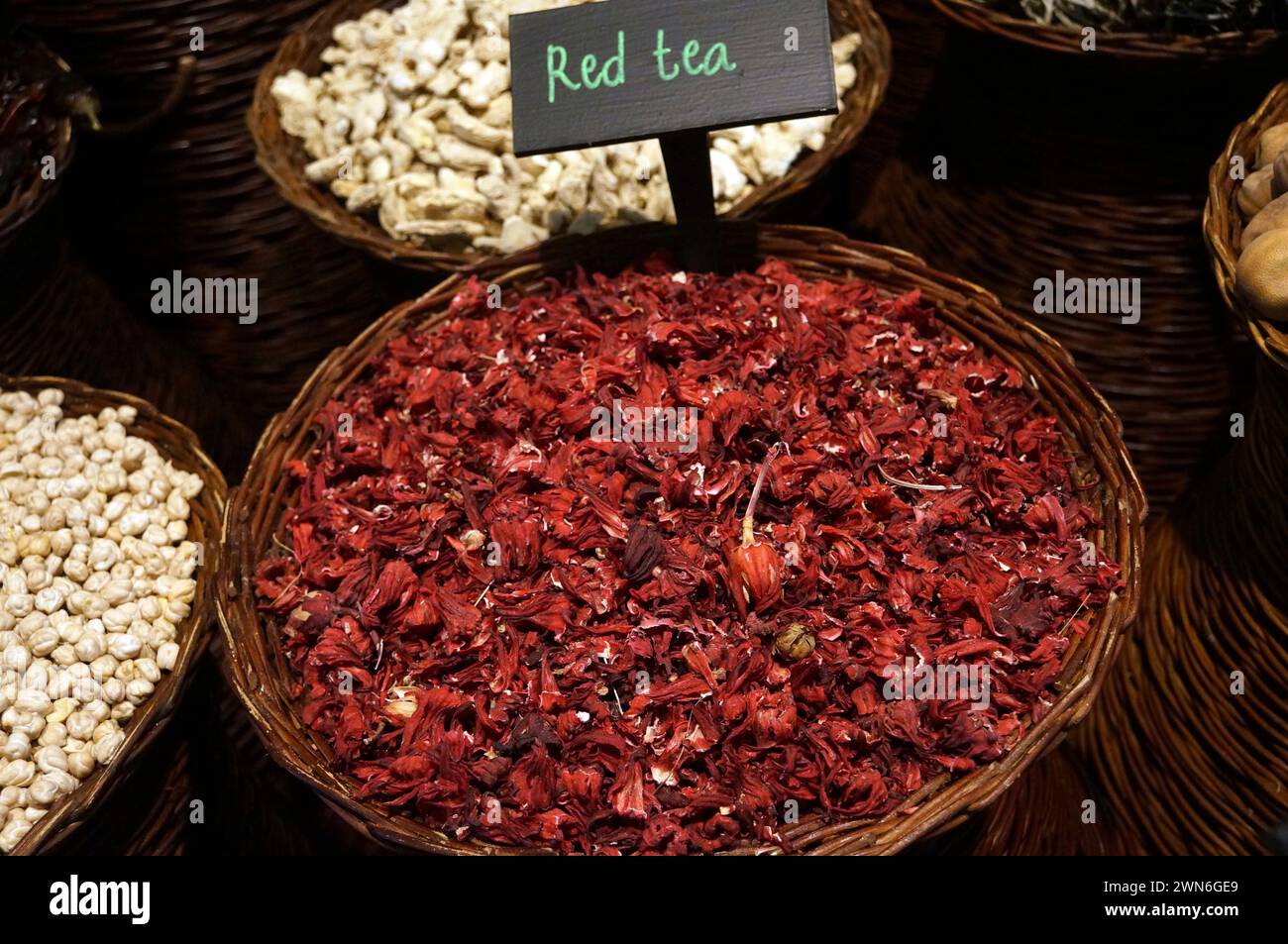 red tea for sale on the arab street market stall. Dubai Spice Souk in ...