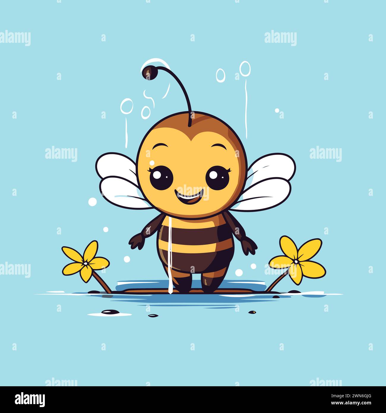 Cute cartoon bee with flower on blue background. Vector illustration ...