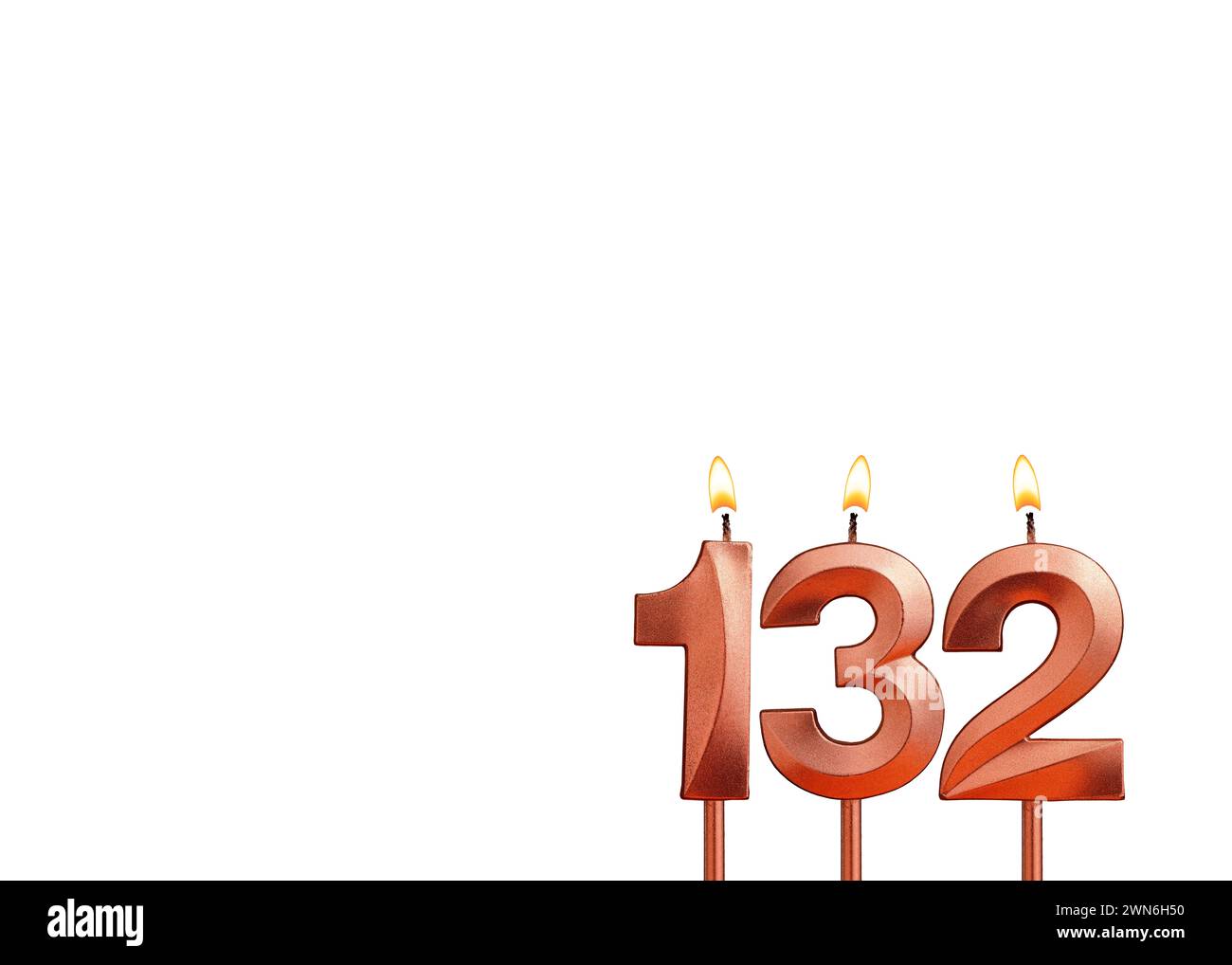 Burning candle number 132 for birthday on white background Stock Photo ...