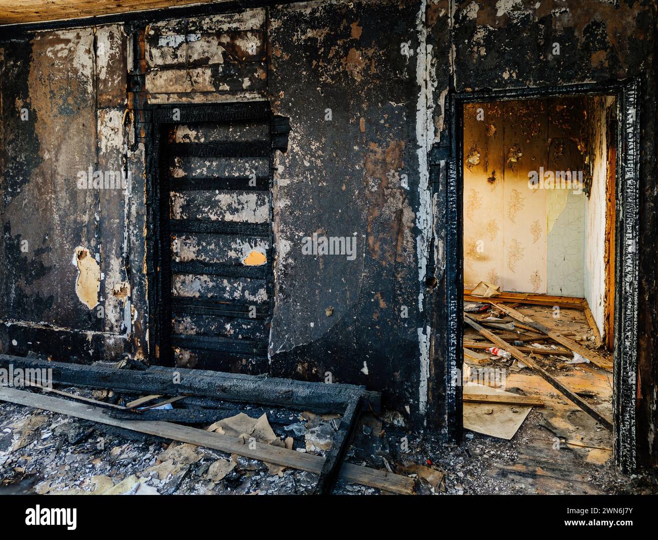 Burned room interior in apartment house. Consequences of fire concept ...