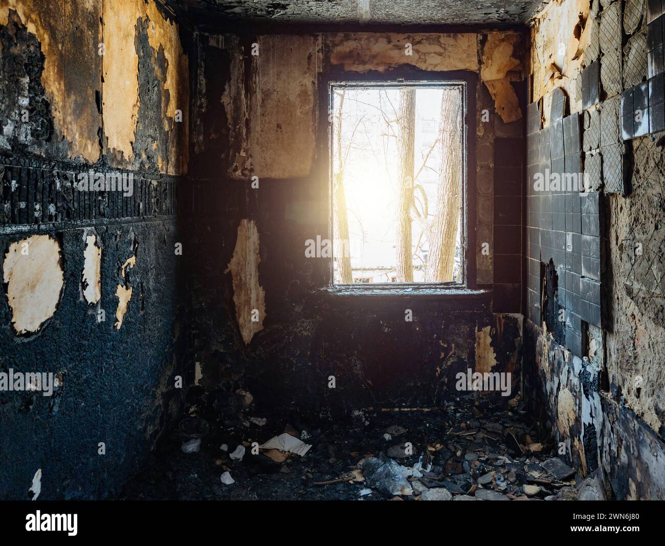 Burned room interior in apartment house. Consequences of fire concept ...