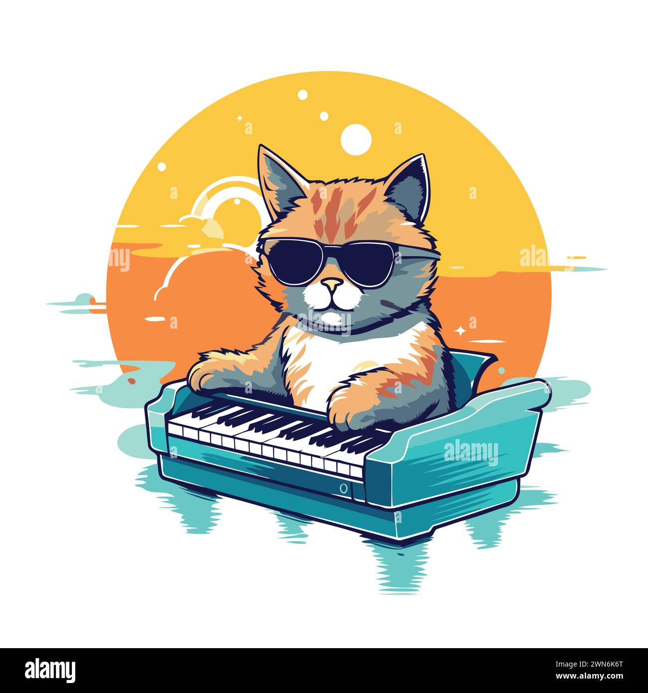 Vector illustration of a cat playing the piano on the sunset background ...