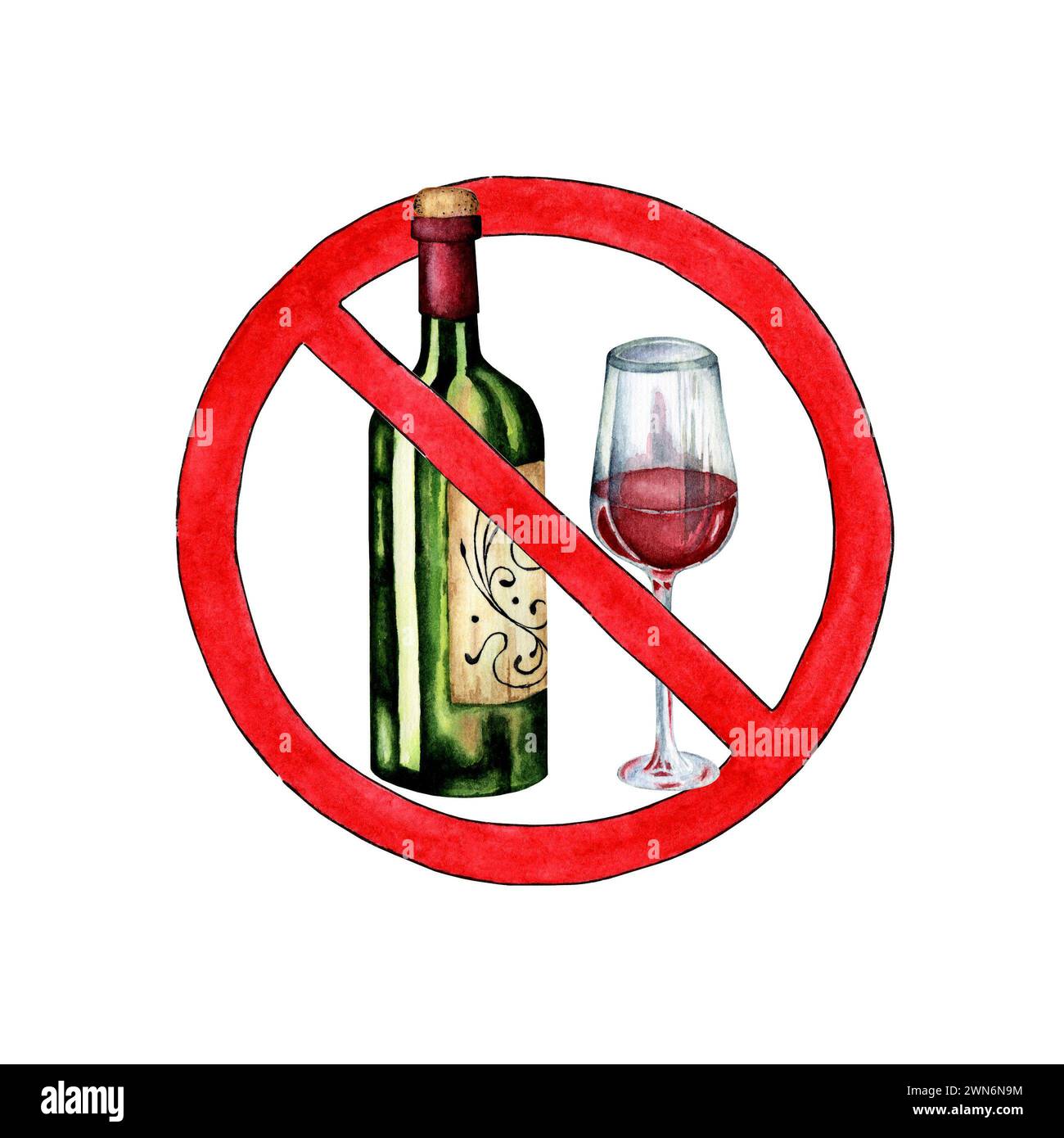Watercolor illustration of a bottle and glass in a crossed out red ...