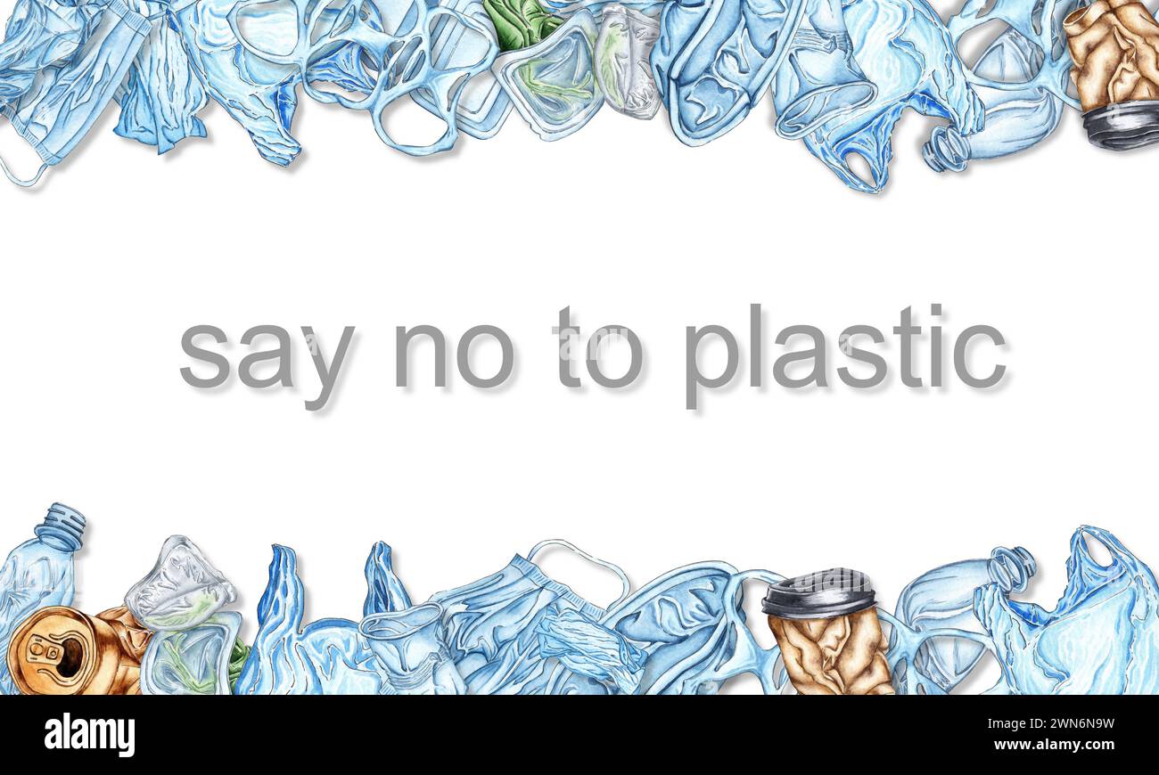 Watercolor illustration frame plastic trash. Isolated on white ...