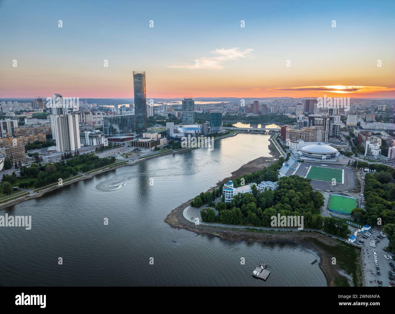 Yekaterinburg city and pond aerial panoramic view at summer sunset ...