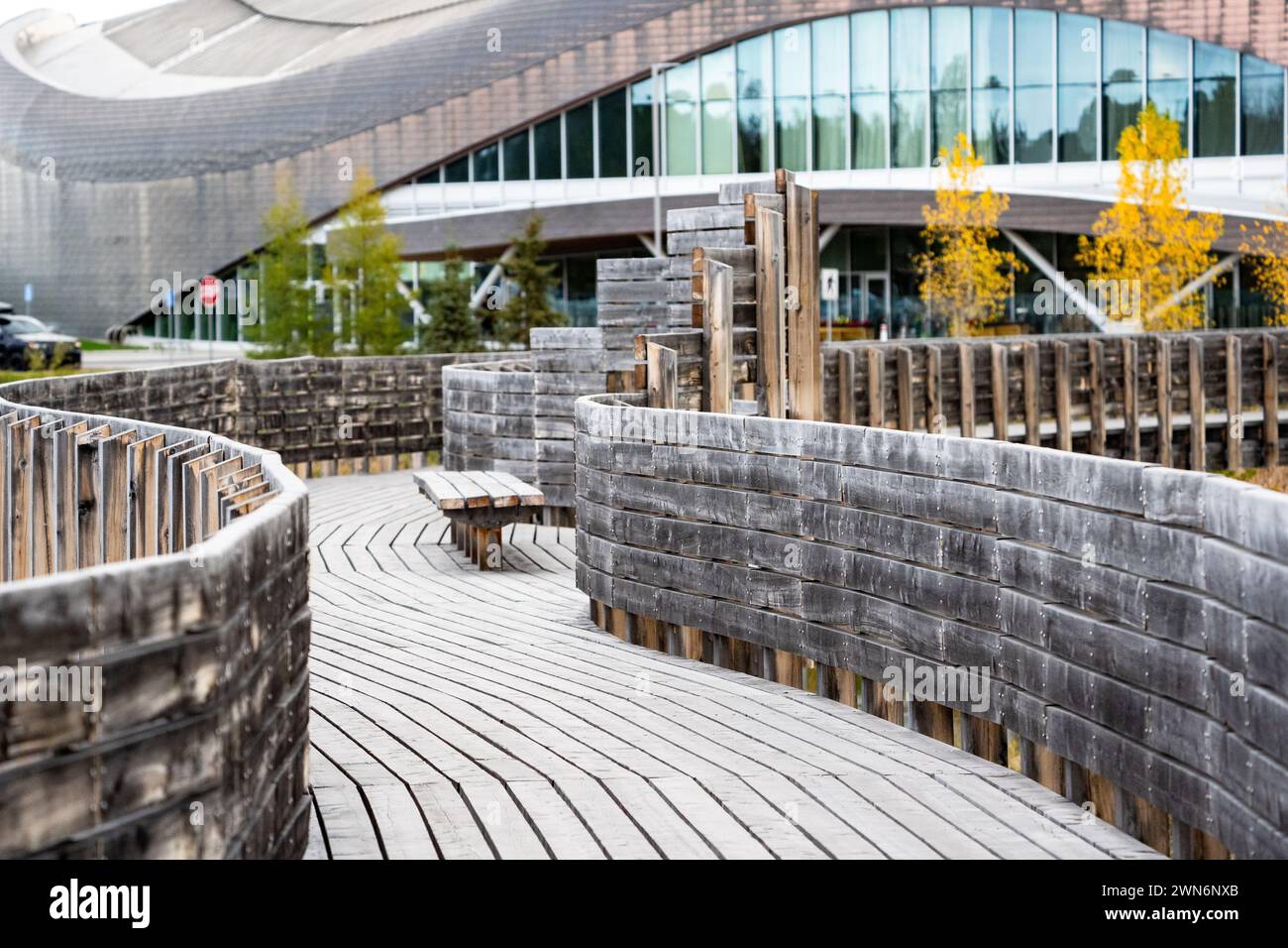 Calgary Alberta Canada, October 10 2023: Wooden boardwalk above ...