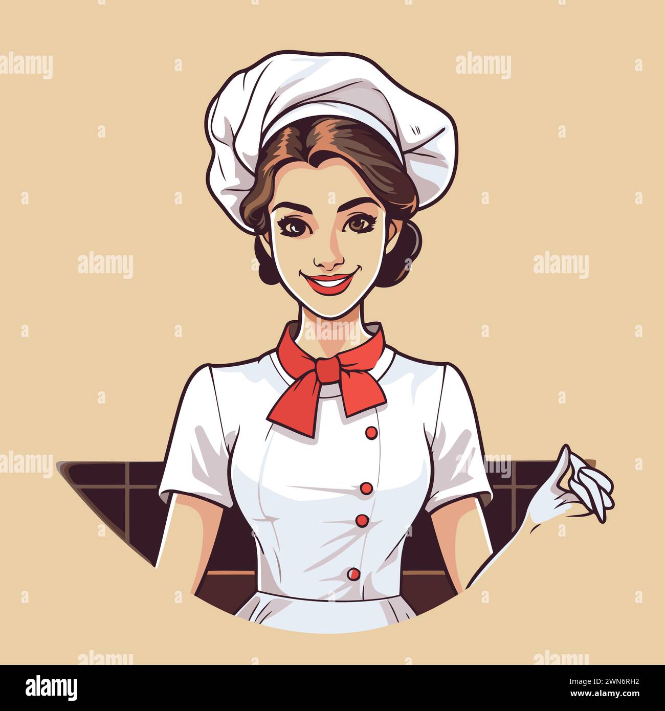 Smiling Young Woman Chef In Uniform Vector Illustration In Retro Style
