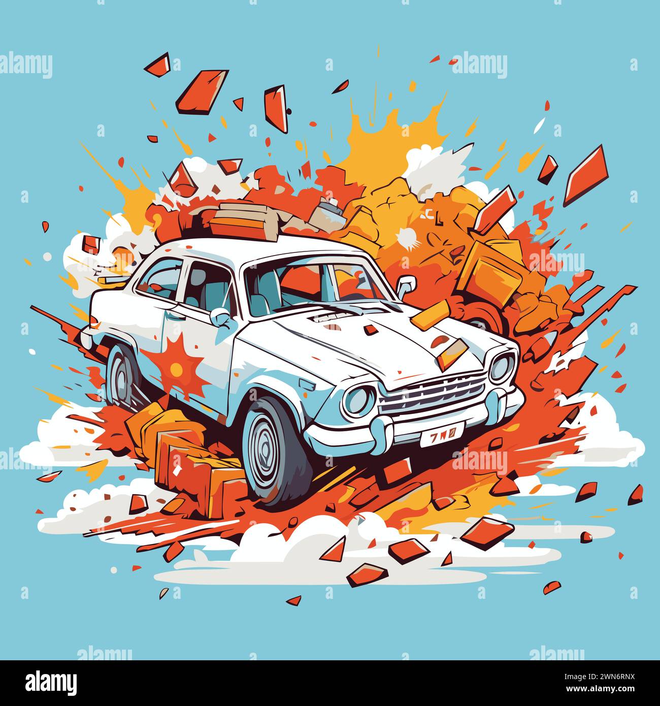 Vintage car on the background of the explosion. Vector illustration ...