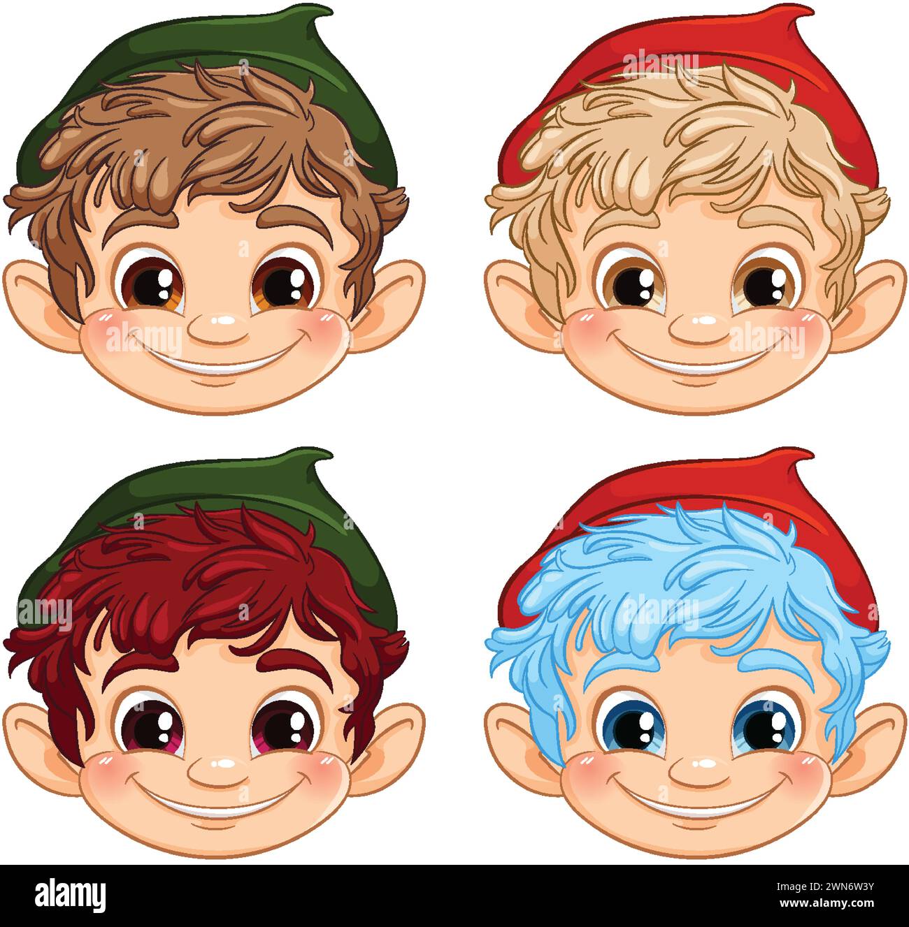 Four cartoon elves with different hair colors smiling Stock Vector ...