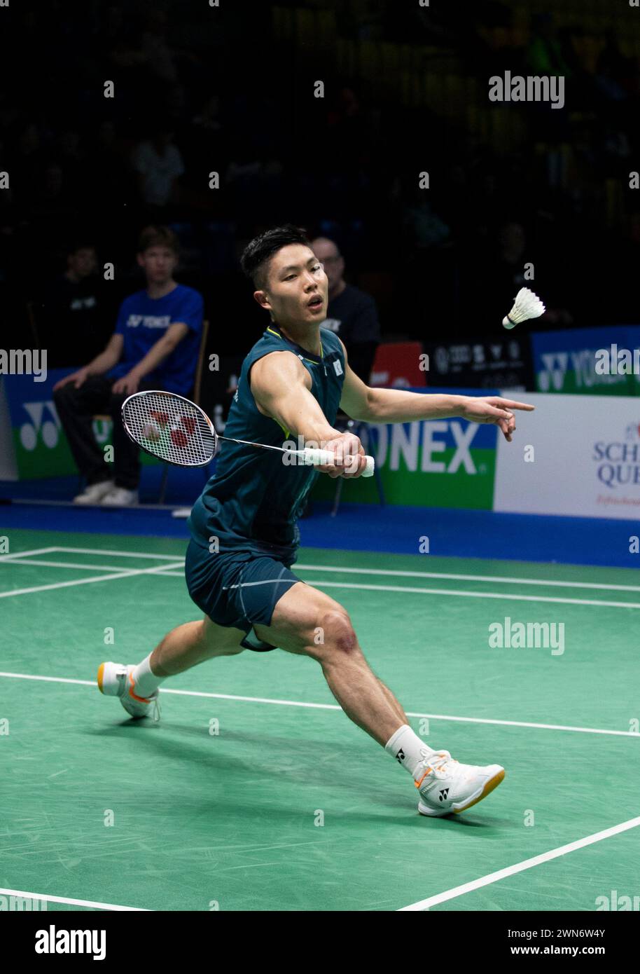 Muelheim, Germany. 29th Feb, 2024. Chou Tien Chen of Chinese Taipei returns the shuttlecock to ...