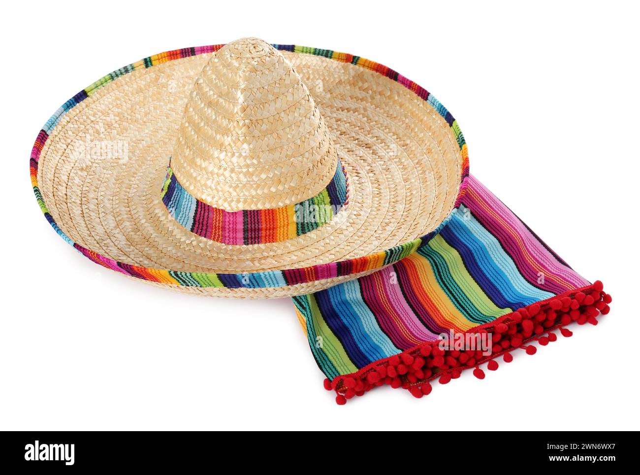 Mexican sombrero hat and colorful poncho isolated on white Stock Photo ...