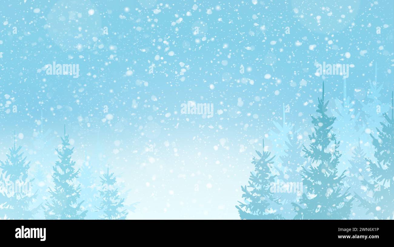 landscape with pine forest and snow. Snowflakes whirl. Winter Christmas ...