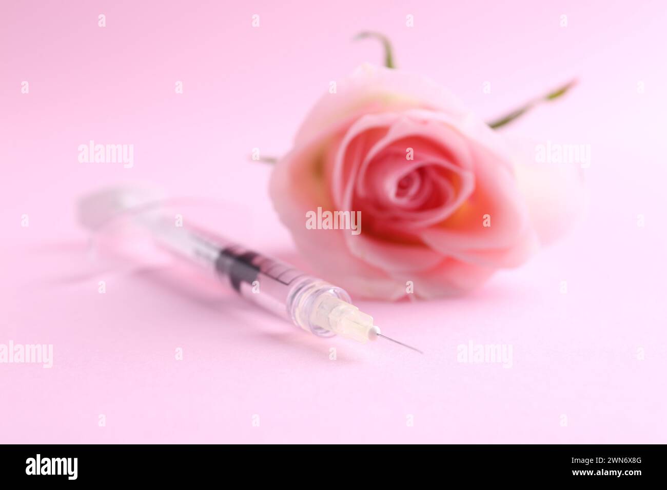 Cosmetology. Medical syringe and rose flower on pink background ...
